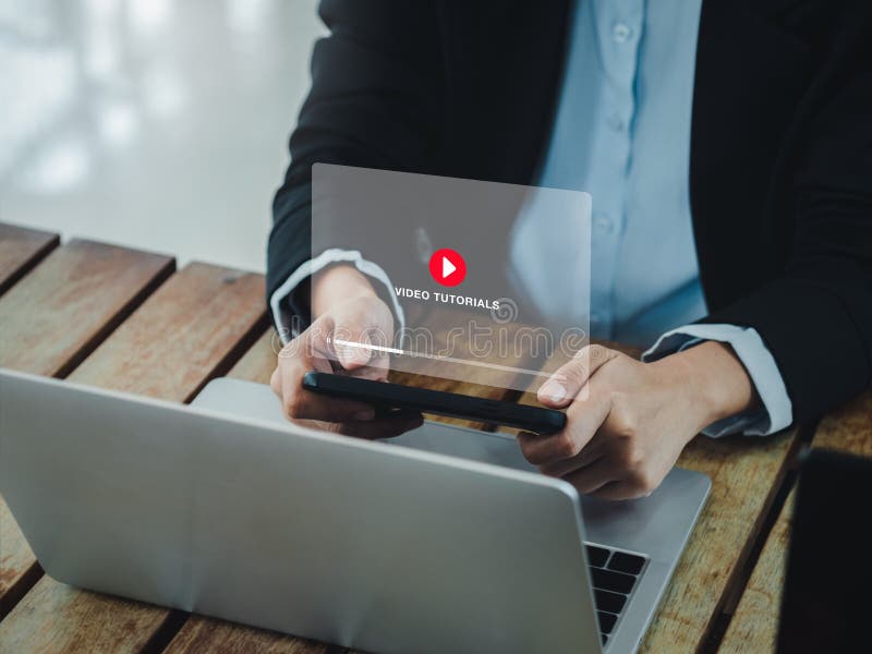 Online Video Tutorial Concept. Red Play Icon on Video Tutorial Virtual ...