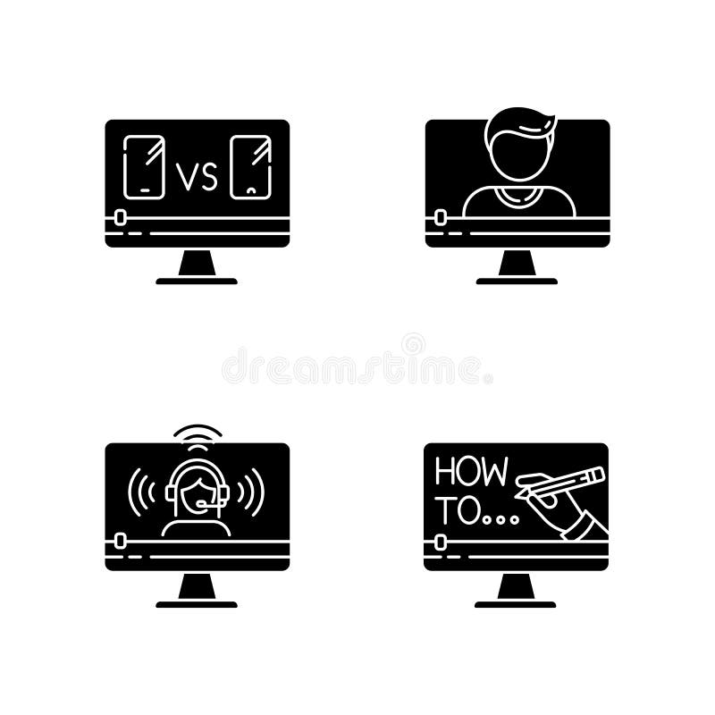 Online Video Watching Black Glyph Icons Set on White Space Stock Vector ...