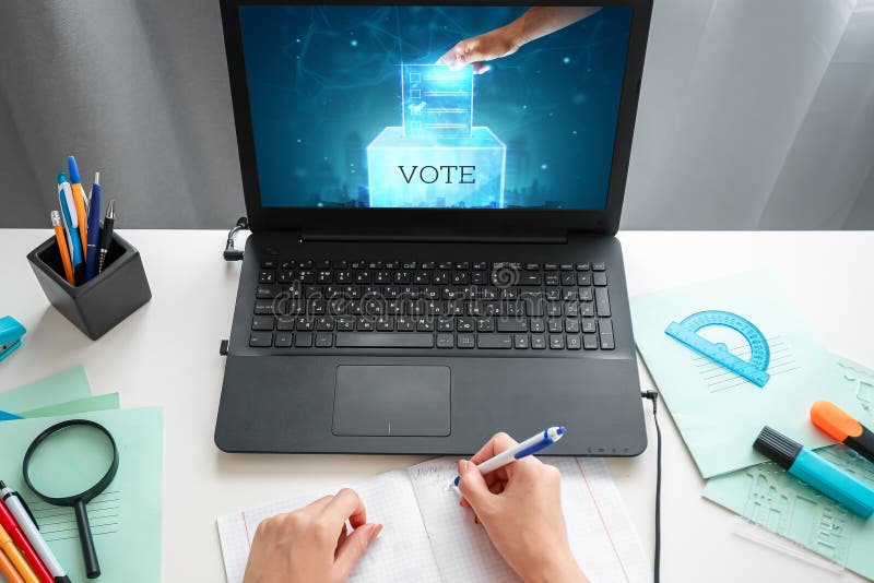 Online Voting, Hologram Ballot and Internet Voting Box in Laptop. Mixed ...