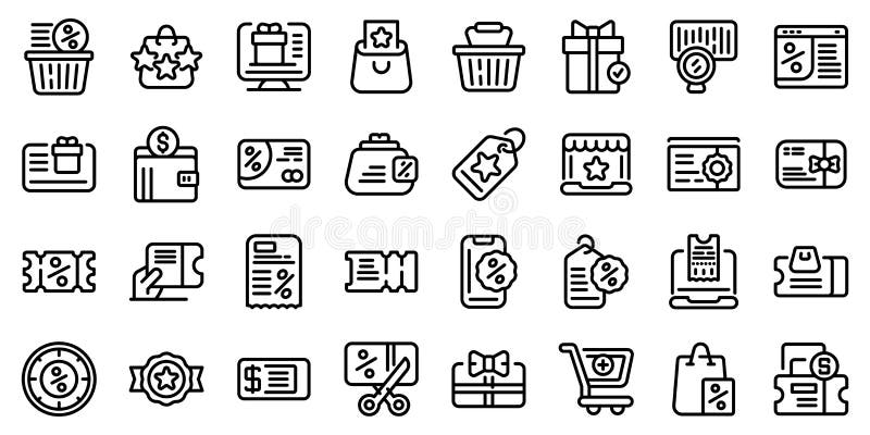 Online Voucher Icons Set, Outline Style Stock Vector - Illustration of ...