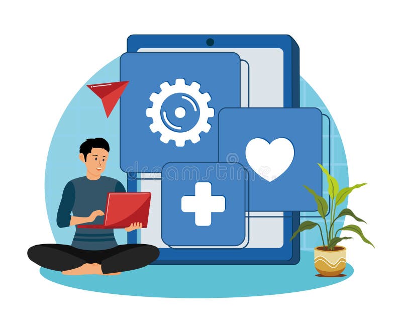 Online Website Builder Concept. Man Working on Laptop Amidst Digital ...