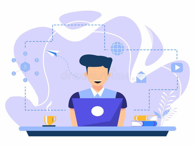 Online Worker. a Man Works in Front of a Laptop Screen with the Widest ...