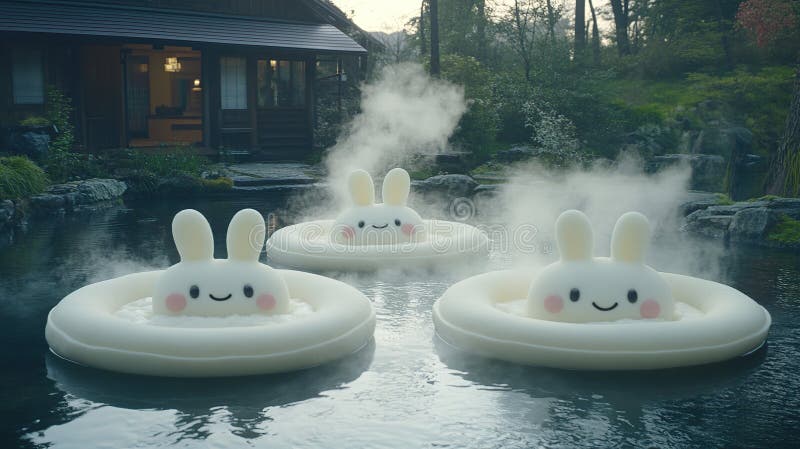 Onsen Rabbits Relaxing in Steaming Hot Spring Stock Photo - Image of ...