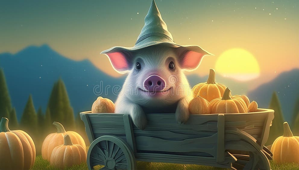 Halloween Piglet in a Wagon with Pumpkins Stock Image - Image of animal ...