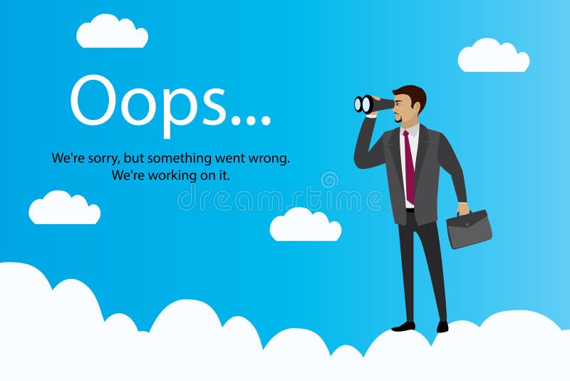 Oops Error Page and Businessman with Binoculars on Clouds Stock Vector ...
