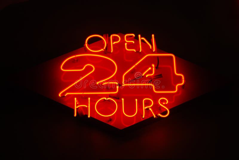Neon Open 24 Hours Sign stock image. Image of bright - 11129027