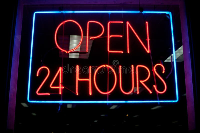Neon Open 24 Hours Sign stock image. Image of bright - 11129027