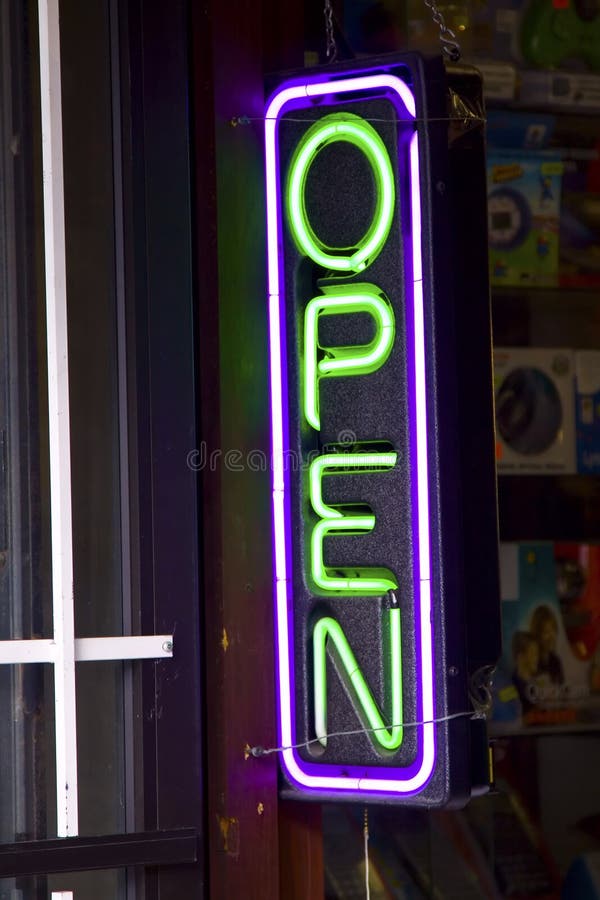 Purple and Green Neon Open Sign Stock Image - Image of communications ...