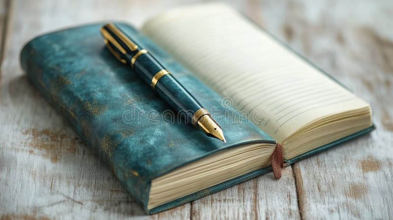 Open Aged Notebook with a Pen on a Rustic Wooden Surface Ready for ...