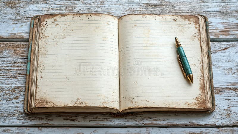 Open Aged Notebook with a Pen on a Rustic Wooden Surface Ready for ...