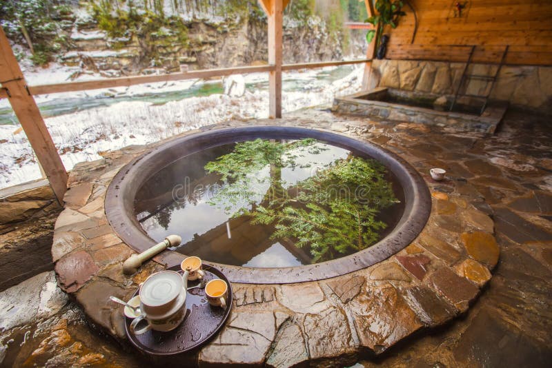 Open Air Bath Outdoors in Winter. Iron Tub for Bathing in Hot Water ...