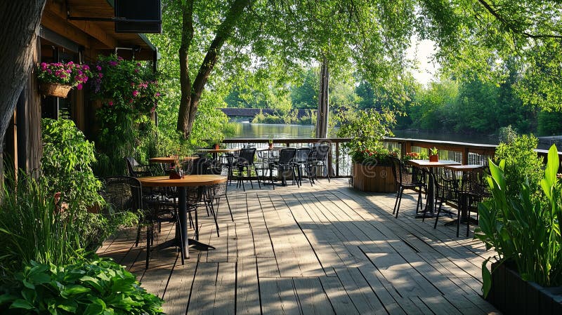 Open-air Cafe on a Wooden Deck with Serene River Views and Lush ...