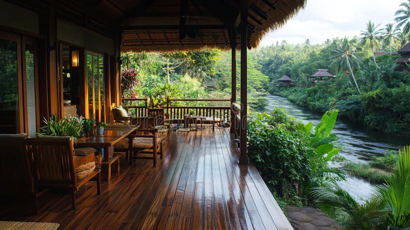 Open-air Cafe on a Wooden Deck with Serene River Views and Lush ...