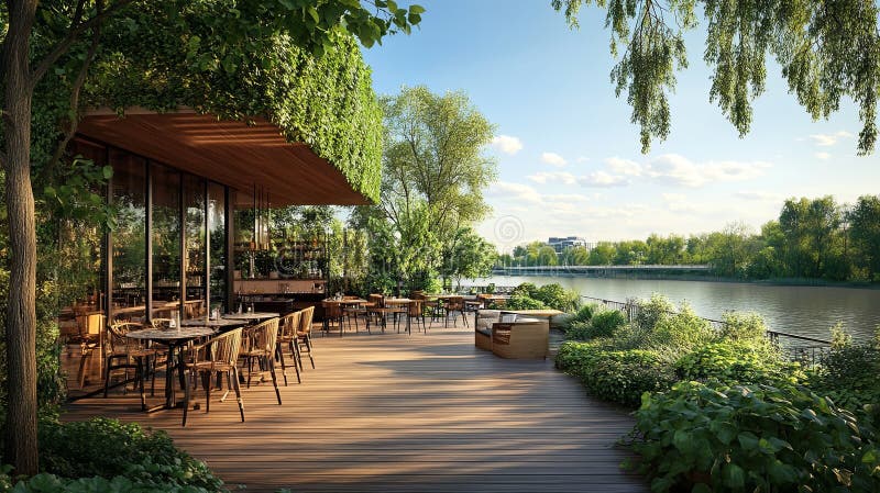 Open-air Cafe on a Wooden Deck with Serene River Views and Lush ...