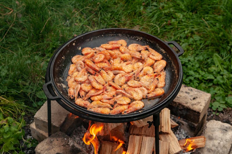 Open Air Campfire Iron Plate with Shrimp Stock Image - Image of summer ...