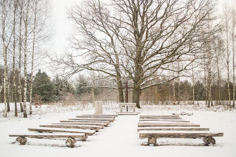 Open air church in winter stock photo. Image of panoramic - 216583302