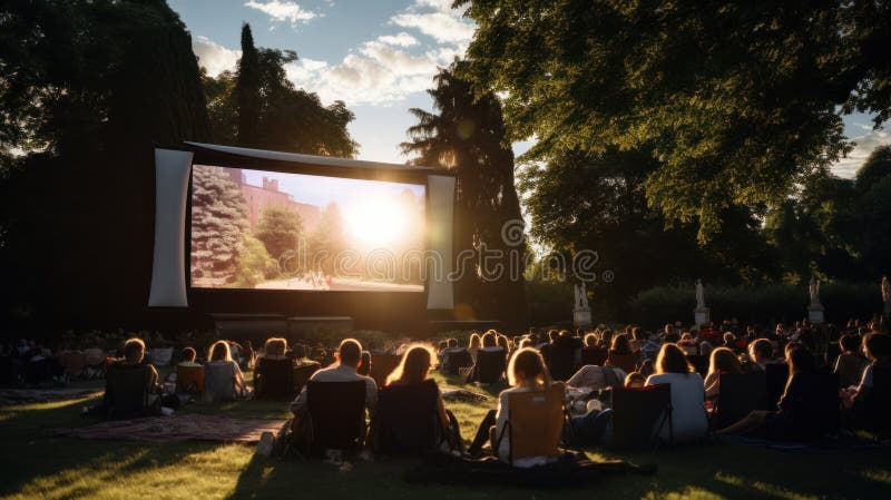 Open Air Cinema with Colorful Bean Bag. Empty White Screen, Free Space ...
