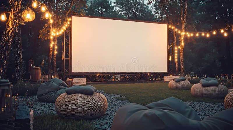 Open Air Cinema Illuminating a Forest with String Lights at Dusk Stock ...