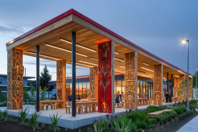 Open-air Wooden Structure Featuring Tribal Patterns and Modern Lighting ...