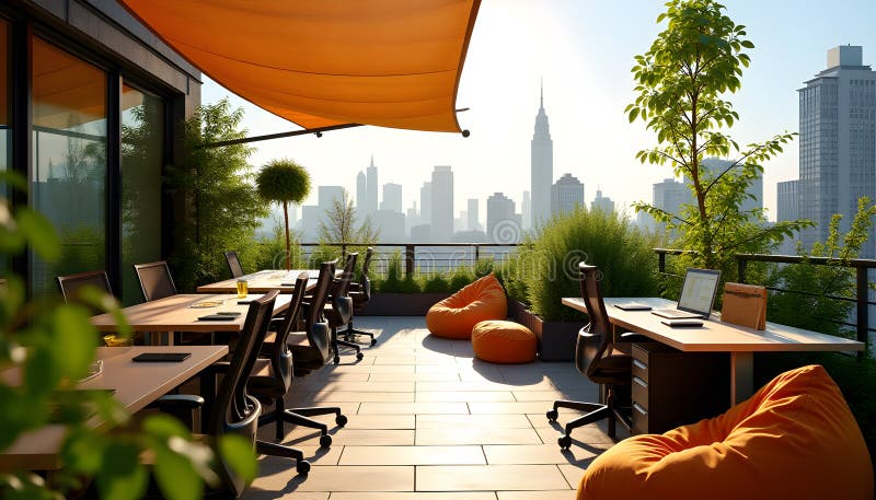 Open-Air Workspace with Comfortable Chairs and City View Stock Image ...