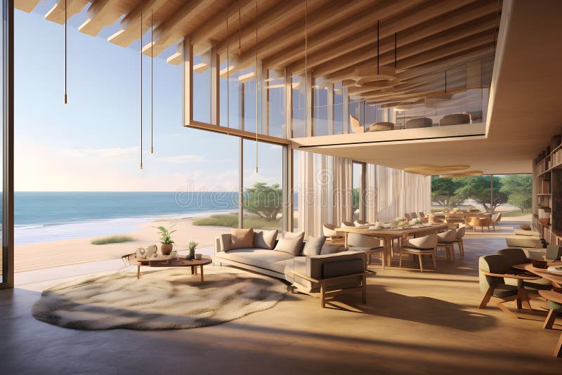 The Open, Airy Layout of a Beachfront Villa S Modern Interior Stock ...