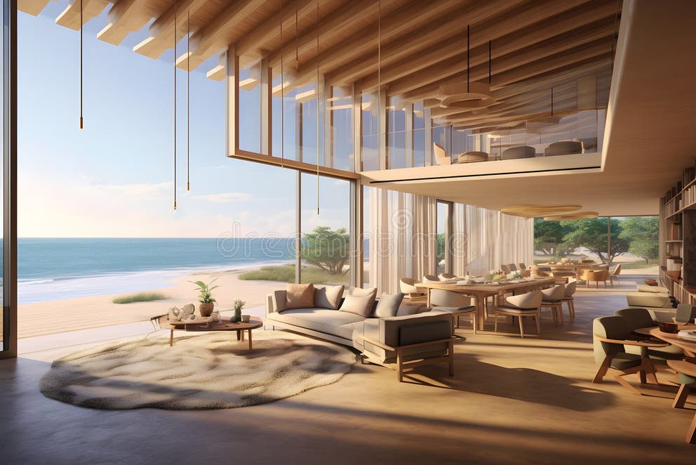 The Open, Airy Layout of a Beachfront Villa S Modern Interior Stock ...