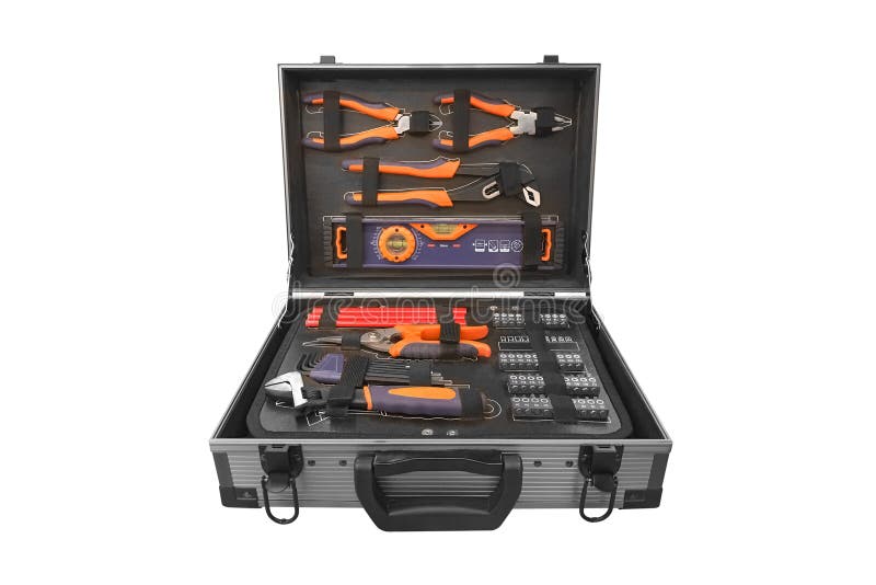 Open Aluminum Tool Box with Tools Isolated on White Background Stock ...