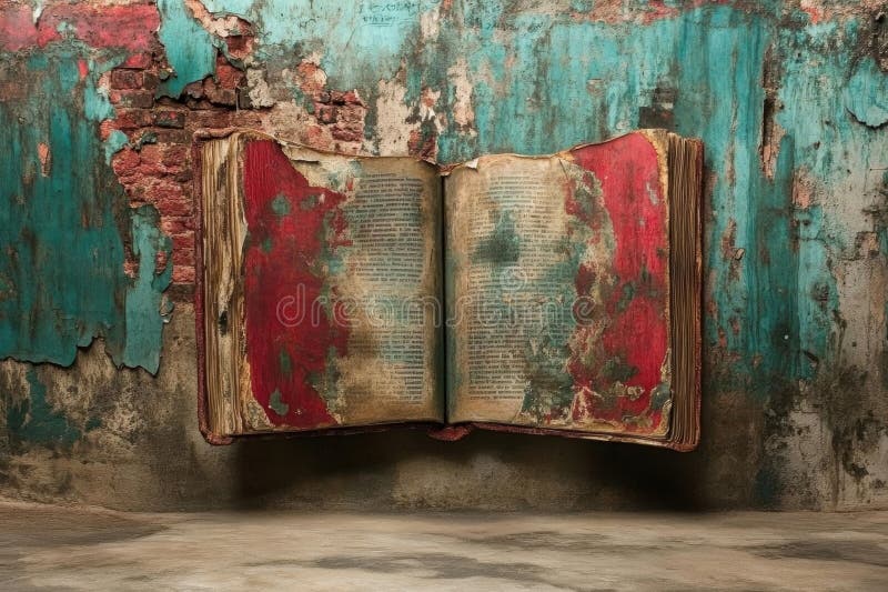 Open Ancient Book Against Worn Wall Displaying Text and Timeworn ...