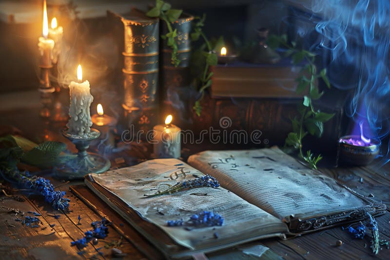 Open Ancient Book Casting a Magic Spell with Candles and Blue Smoke ...