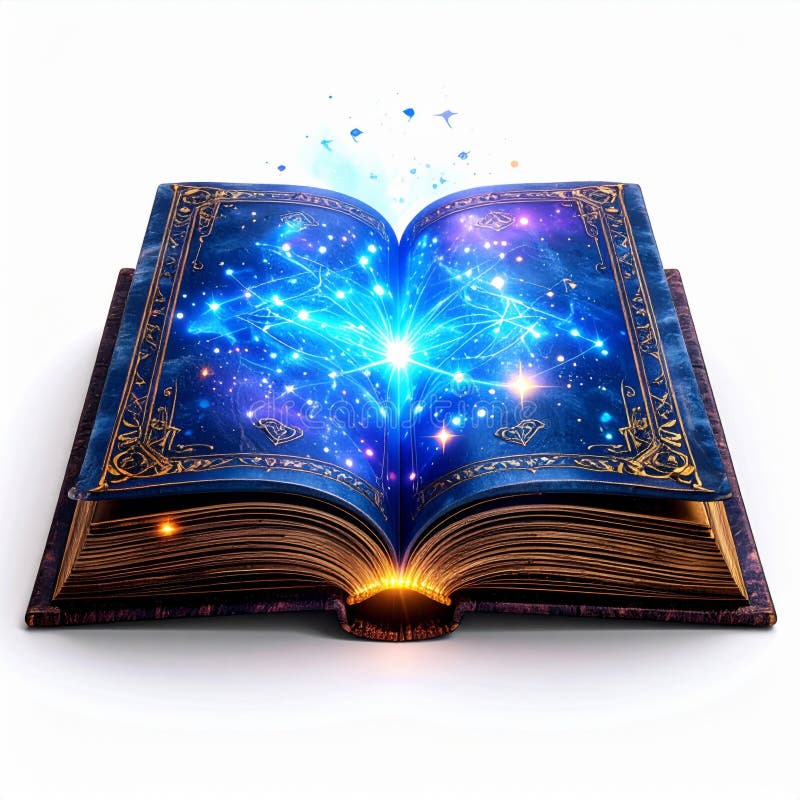 Open Ancient Book with Glowing Blue Magic and Gold Accents Stock ...