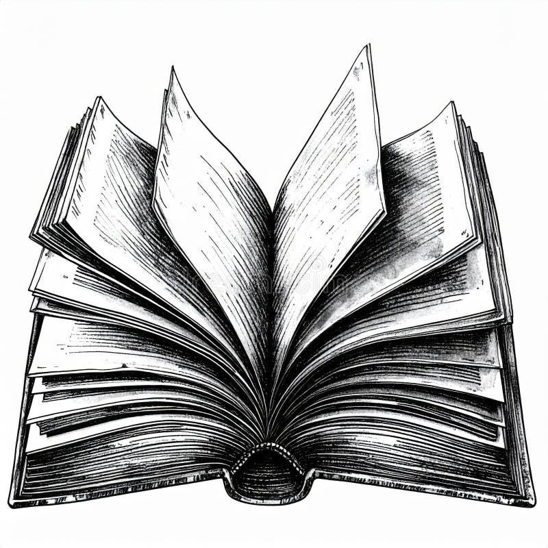 Open Antique Book Black and White Illustration Stock Illustration ...