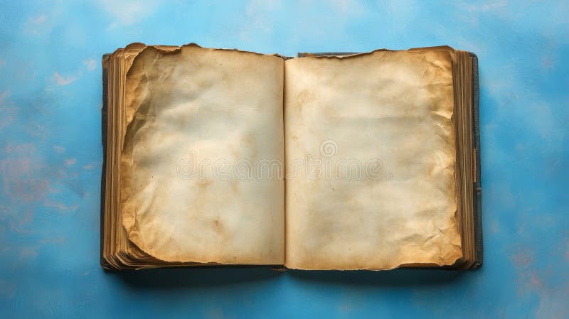 Open Antique Book with Blank Pages on Blue Textured Surface Flat Lay ...