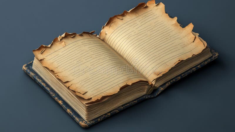 Open Antique Book with Burned Pages on Gray Background in Dramatic ...