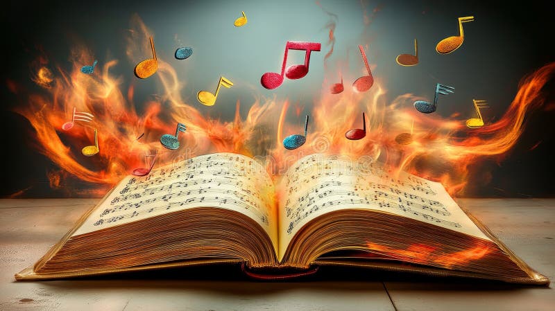 Open Antique Book with Burning Musical Notes, Symbolizing the Power and ...