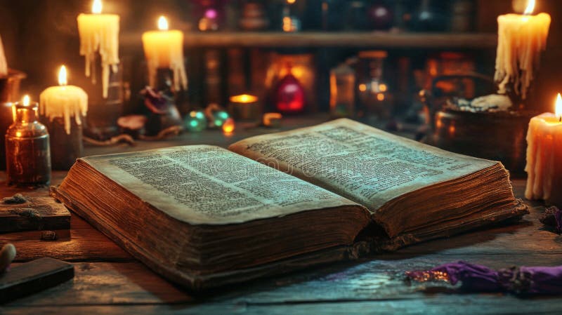 Open Antique Book with Candles and Potions in a Mystical Setting Stock ...