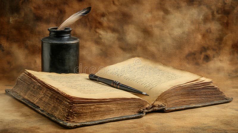 An Open Antique Book with a Quill Pen and Inkwell Stock Illustration ...