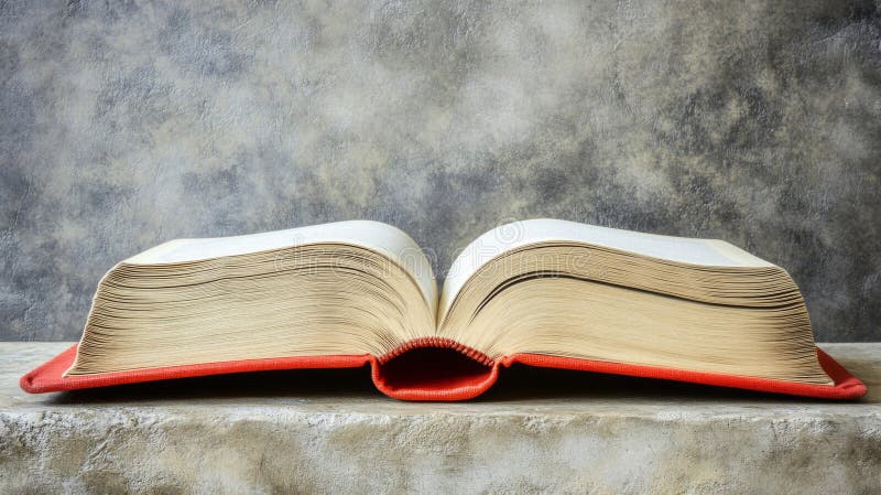 Open Antique Book with Red Cover on Gray Stone Table Stock Illustration ...