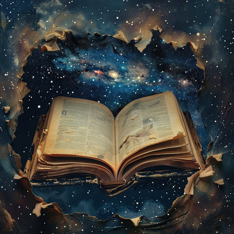 Open Antique Book Revealing a Vibrant Cosmos through a Ripped Page ...