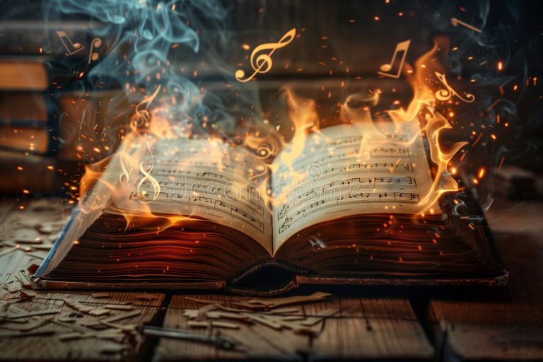 Open Antique Book Surrounded by Burning Musical Notes Representing ...