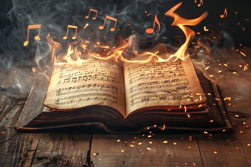 Open Antique Book Surrounded by Burning Musical Notes Representing ...