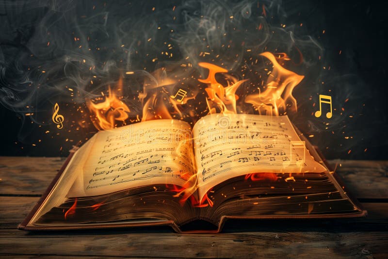 Open Antique Book Surrounded by Burning Musical Notes Representing ...