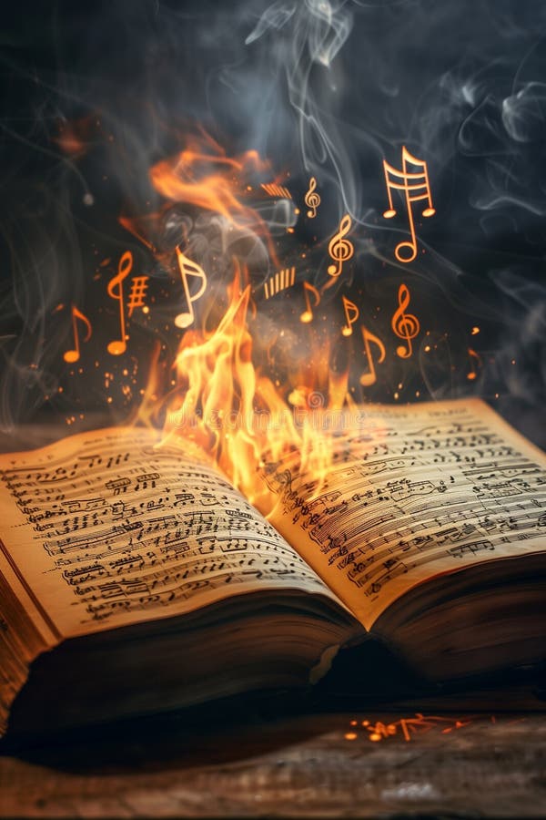 Open Antique Book Surrounded by Burning Musical Notes Representing ...