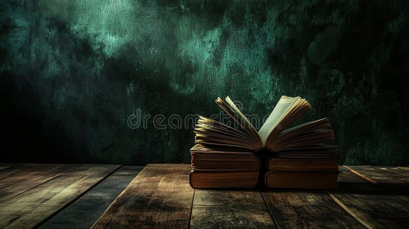 Open Antique Book on Wooden Table with Dark Green Background Stock ...