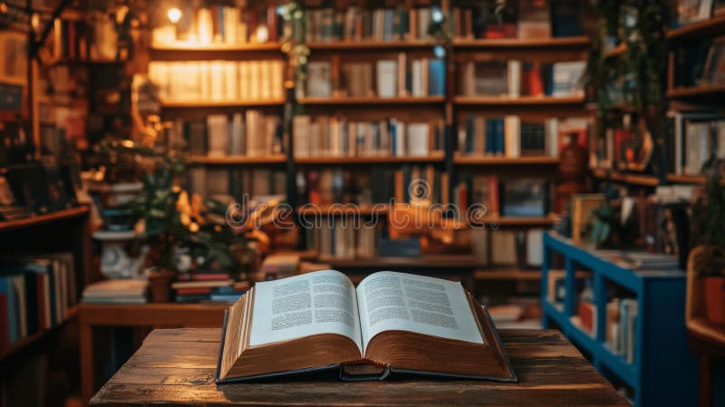 Open Antique Book on Wooden Table in a Warm and Inviting Library ...