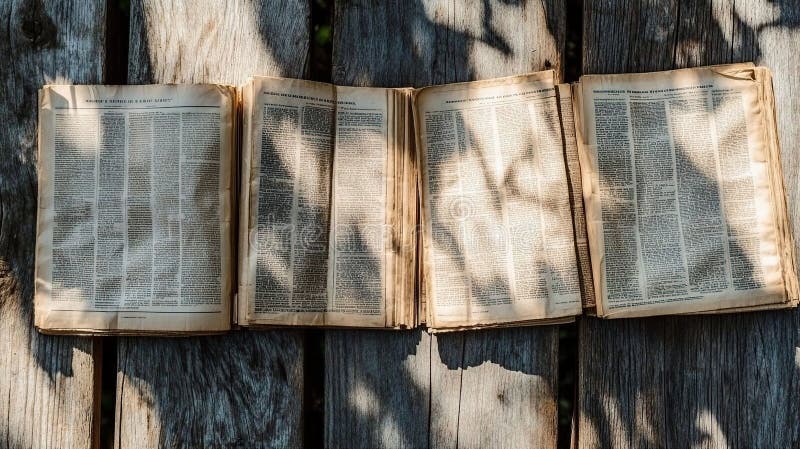 Open Antique Books, Wooden Surface, Sunlight, Shadows, Reading Stock ...