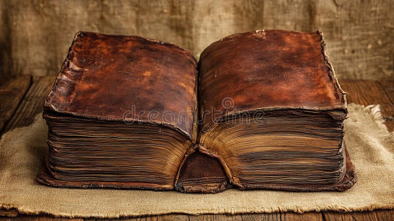 Open Antique Leather-bound Book on Wooden Surface Stock Illustration ...