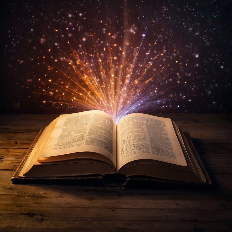 Magic Unveiled: an Open Book with Sparkling Light Stock Illustration ...
