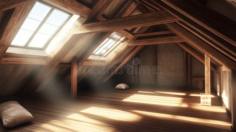 Open Attic Space with Skylights, Wooden Rafters, and Exposed Stock ...