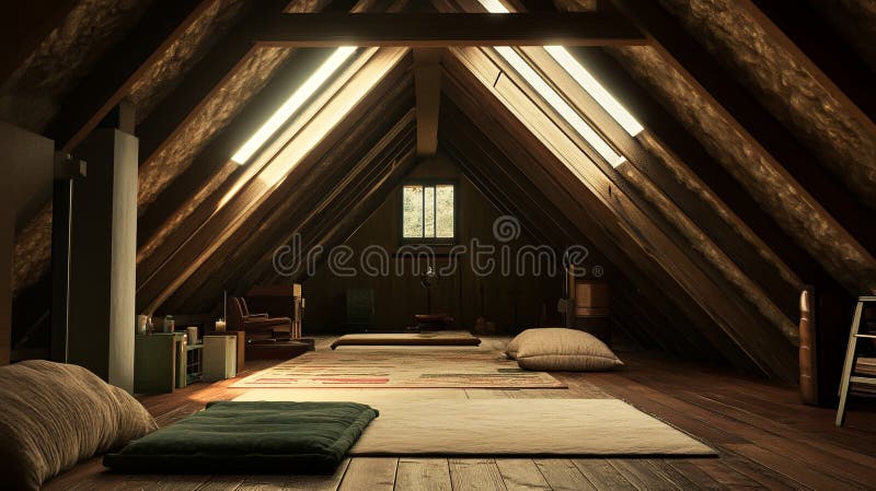 Open Attic Space with Skylights, Wooden Rafters, and Exposed Stock ...