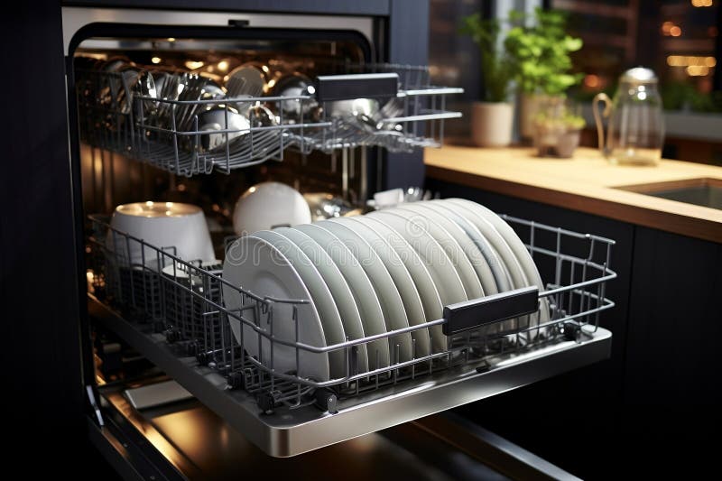 Open Automatic Built-in Dishwasher with Clean Dishes - Side View on ...